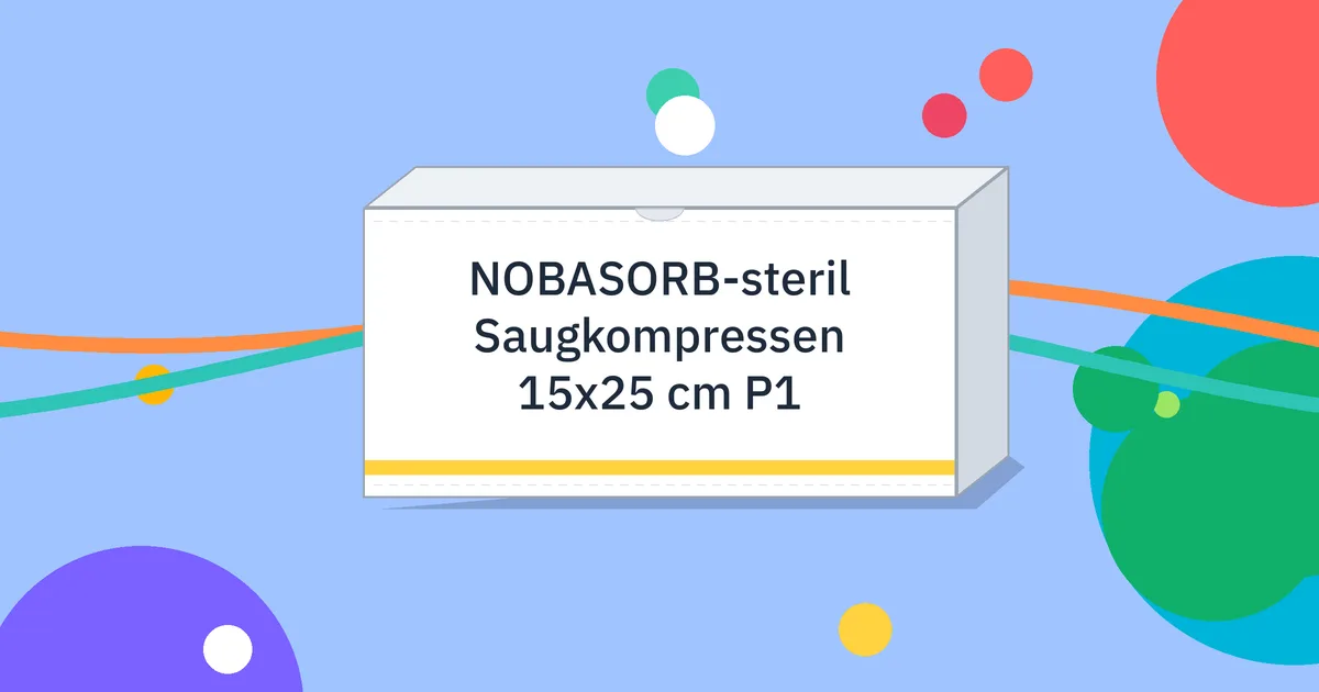 Symbolbild: Packung mit der Aufschrift NOBASORB-steril Saugkompressen 15x25 cm P1 (PZN 13981689) – Verfügbarkeit und Bezug in Apotheken in Frankfurt am Main
