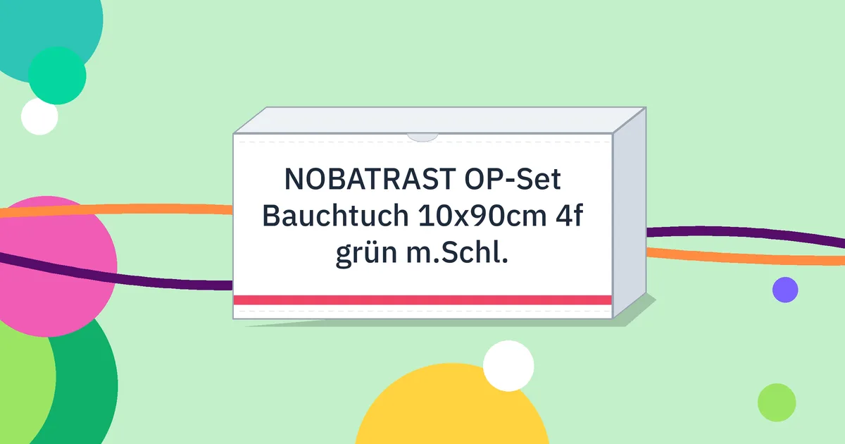 Symbolbild: Packung mit der Aufschrift NOBATRAST OP-Set Bauchtuch 10x90cm 4f grün m.Schl. (PZN 18104421) – Verfügbarkeit und Bezug in Apotheken in Frankfurt am Main