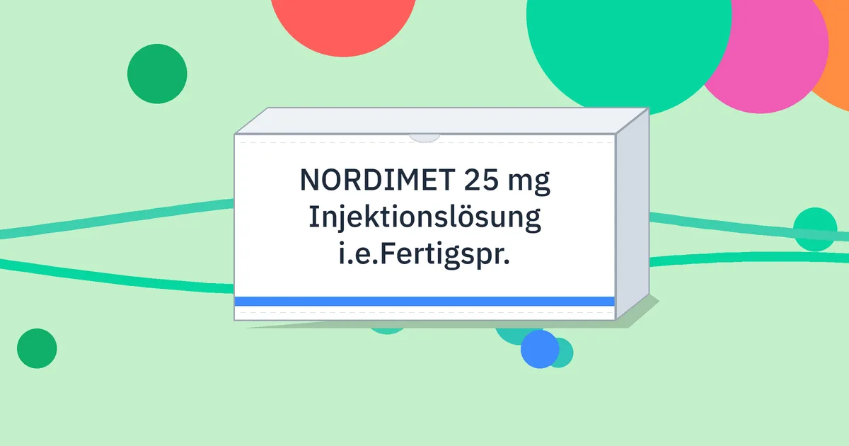 Symbolbild: Packung mit der Aufschrift NORDIMET 25 mg Injektionslösung i.e.Fertigspr. (PZN 15265046) – Verfügbarkeit und Bezug in Apotheken in Frankfurt am Main