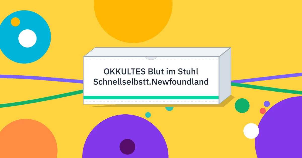 Symbolbild: Packung mit der Aufschrift OKKULTES Blut im Stuhl Schnellselbstt.Newfoundland (PZN 18757287) – Verfügbarkeit und Bezug in Apotheken in Frankfurt am Main