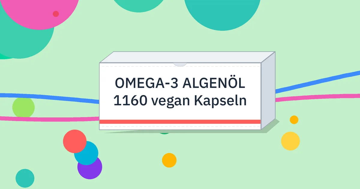 Symbolbild: Packung mit der Aufschrift OMEGA-3 ALGENÖL 1160 vegan Kapseln (PZN 19292548) – Verfügbarkeit und Bezug in Apotheken in Frankfurt am Main