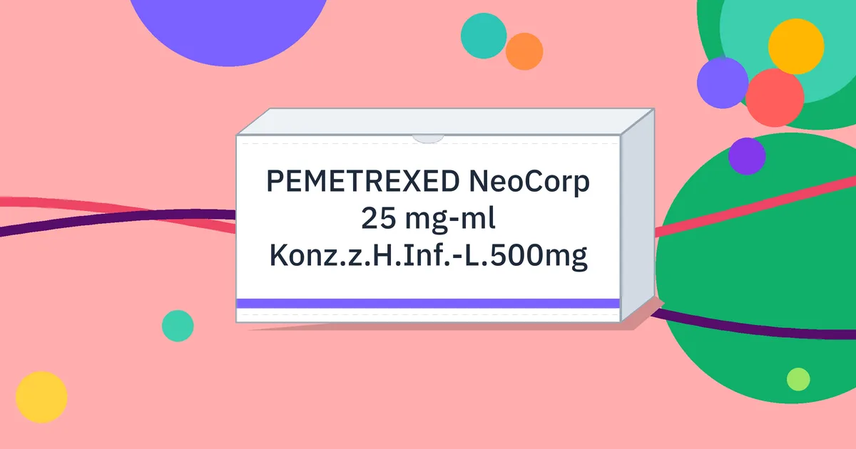 Symbolbild: Packung mit der Aufschrift PEMETREXED NeoCorp 25 mg-ml Konz.z.H.Inf.-L.500mg (PZN 16704358) – Verfügbarkeit und Bezug in Apotheken in Frankfurt am Main