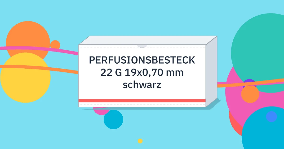 Symbolbild: Packung mit der Aufschrift PERFUSIONSBESTECK 22 G 19x0,70 mm schwarz (PZN 13846649) – Verfügbarkeit und Bezug in Apotheken in Frankfurt am Main