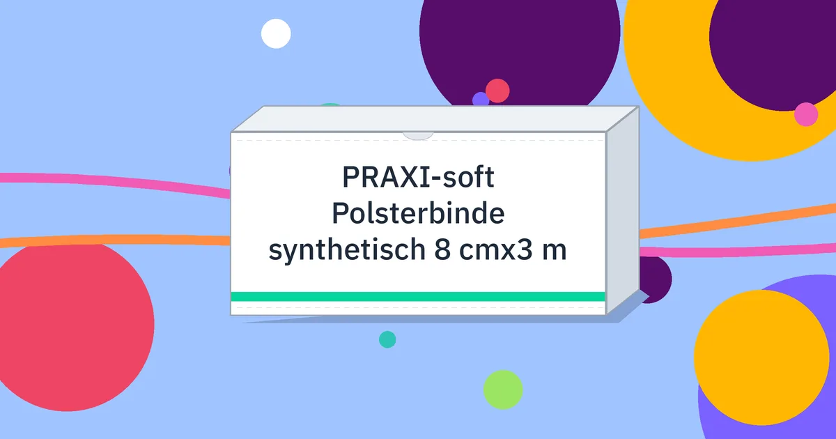Symbolbild: Packung mit der Aufschrift PRAXI-soft Polsterbinde synthetisch 8 cmx3 m (PZN 20777707) – Verfügbarkeit und Bezug in Apotheken in Frankfurt am Main