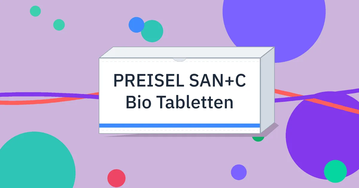 Symbolbild: Packung mit der Aufschrift PREISEL SAN+C Bio Tabletten (PZN 01328323) – Verfügbarkeit und Bezug in Apotheken in Frankfurt am Main