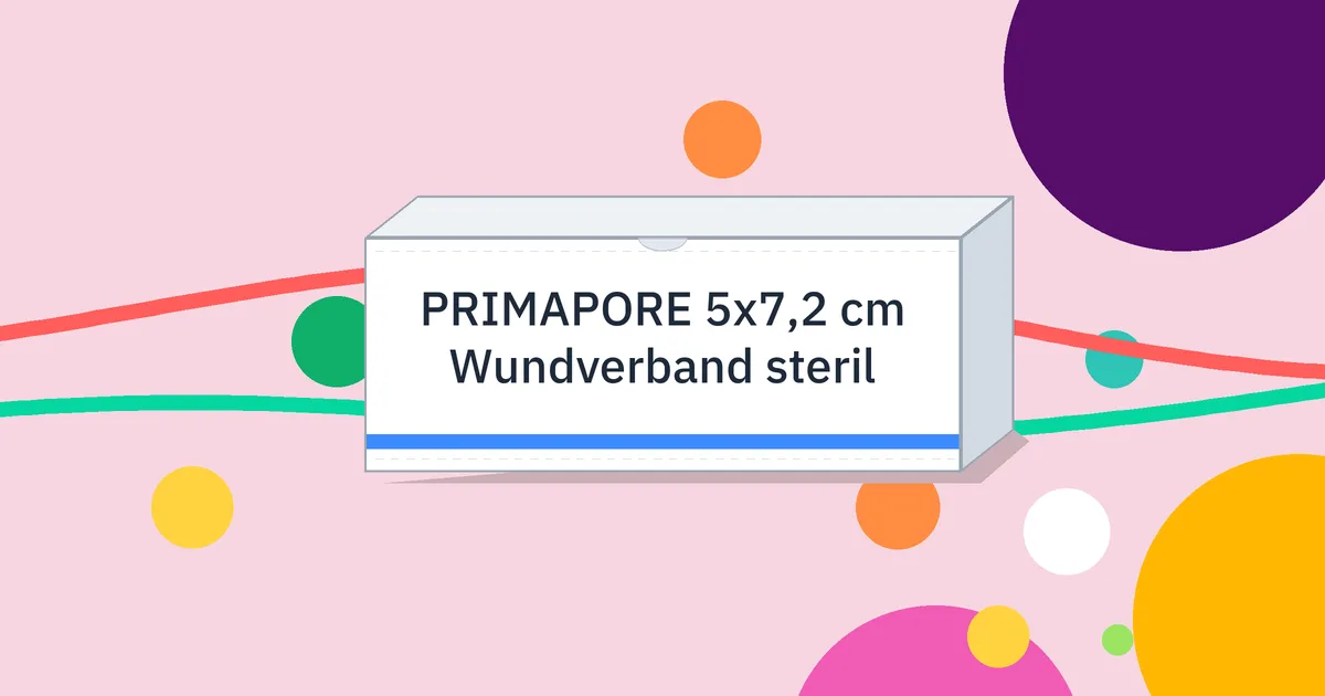 Symbolbild: Packung mit der Aufschrift PRIMAPORE 5x7,2 cm Wundverband steril (PZN 09204649) – Verfügbarkeit und Bezug in Apotheken in Frankfurt am Main