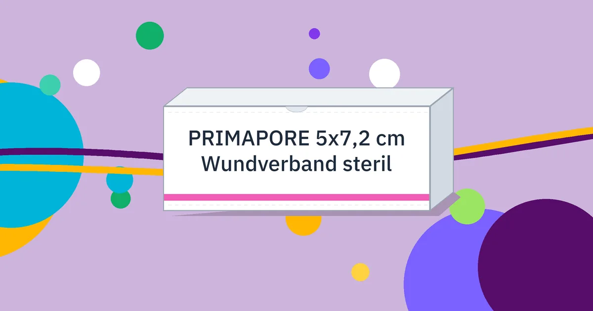 Symbolbild: Packung mit der Aufschrift PRIMAPORE 5x7,2 cm Wundverband steril (PZN 18169722) – Verfügbarkeit und Bezug in Apotheken in Frankfurt am Main