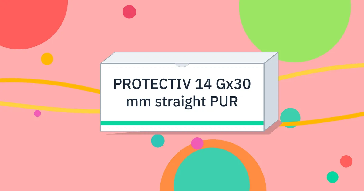 Symbolbild: Packung mit der Aufschrift PROTECTIV 14 Gx30 mm straight PUR (PZN 06447268) – Verfügbarkeit und Bezug in Apotheken in Frankfurt am Main