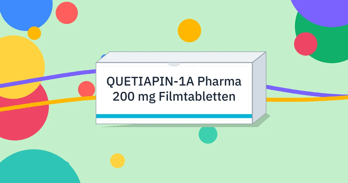 Symbolbild: Packung mit der Aufschrift QUETIAPIN-1A Pharma 200 mg Filmtabletten (PZN 09494877) – Verfügbarkeit und Bezug in Apotheken in Frankfurt am Main