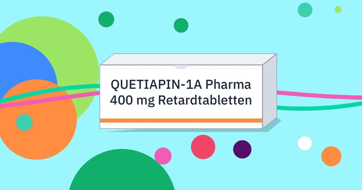 Symbolbild: Packung mit der Aufschrift QUETIAPIN-1A Pharma 400 mg Retardtabletten (PZN 09947215) – Verfügbarkeit und Bezug in Apotheken in Frankfurt am Main