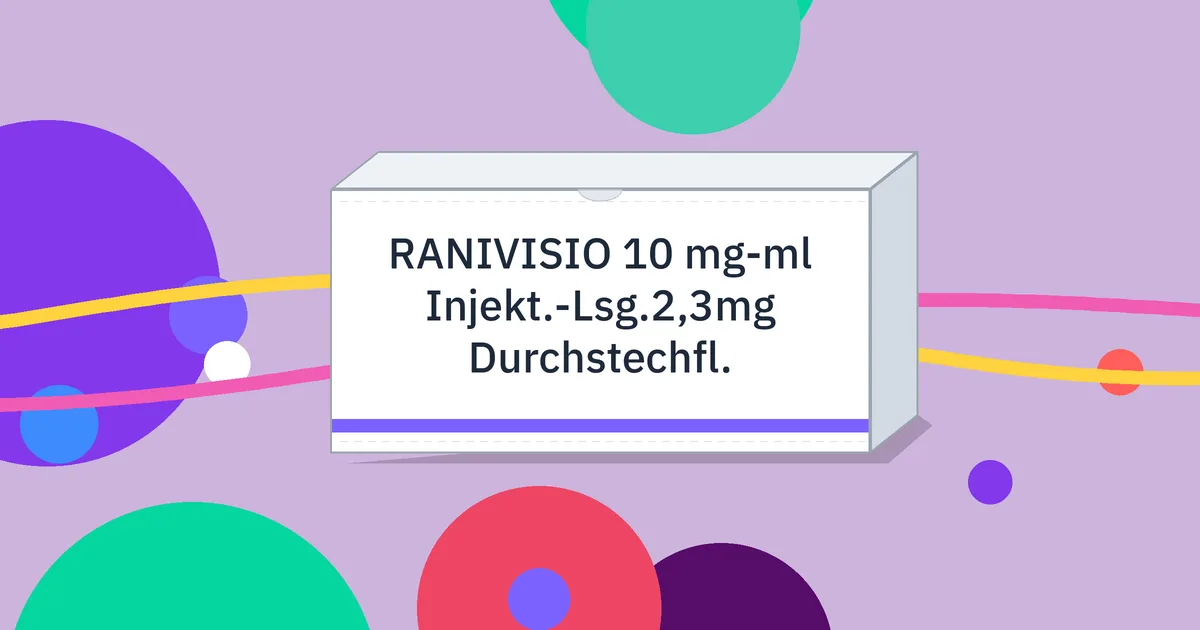 Symbolbild: Packung mit der Aufschrift RANIVISIO 10 mg-ml Injekt.-Lsg.2,3mg Durchstechfl. (PZN 19053513) – Verfügbarkeit und Bezug in Apotheken in Frankfurt am Main