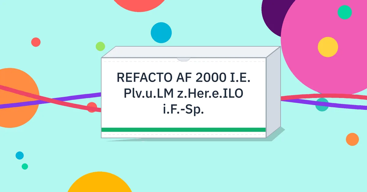 Symbolbild: Packung mit der Aufschrift REFACTO AF 2000 I.E. Plv.u.LM z.Her.e.ILO i.F.-Sp. (PZN 07773366) – Verfügbarkeit und Bezug in Apotheken in Frankfurt am Main