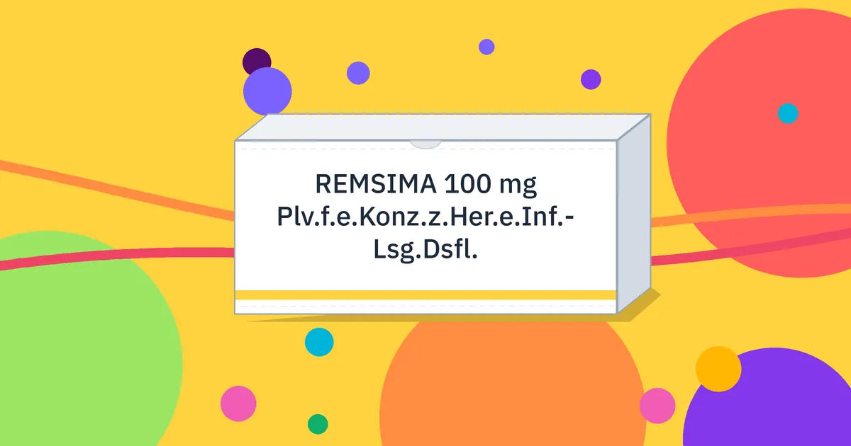 Symbolbild: Packung mit der Aufschrift REMSIMA 100 mg Plv.f.e.Konz.z.Her.e.Inf.-Lsg.Dsfl. (PZN 15253474) – Verfügbarkeit und Bezug in Apotheken in Frankfurt am Main