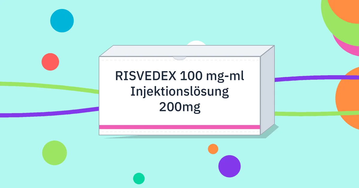 Symbolbild: Packung mit der Aufschrift RISVEDEX 100 mg-ml Injektionslösung 200mg (PZN 19948026) – Verfügbarkeit und Bezug in Apotheken in Frankfurt am Main