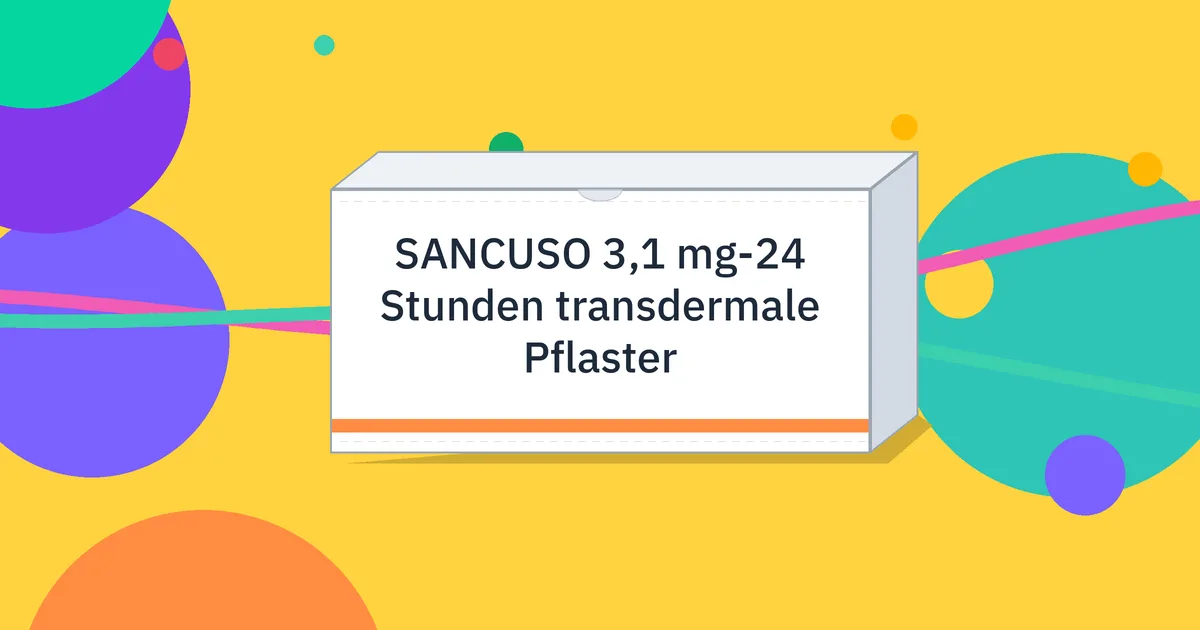 Symbolbild: Packung mit der Aufschrift SANCUSO 3,1 mg-24 Stunden transdermale Pflaster (PZN 20390173) – Verfügbarkeit und Bezug in Apotheken in Frankfurt am Main