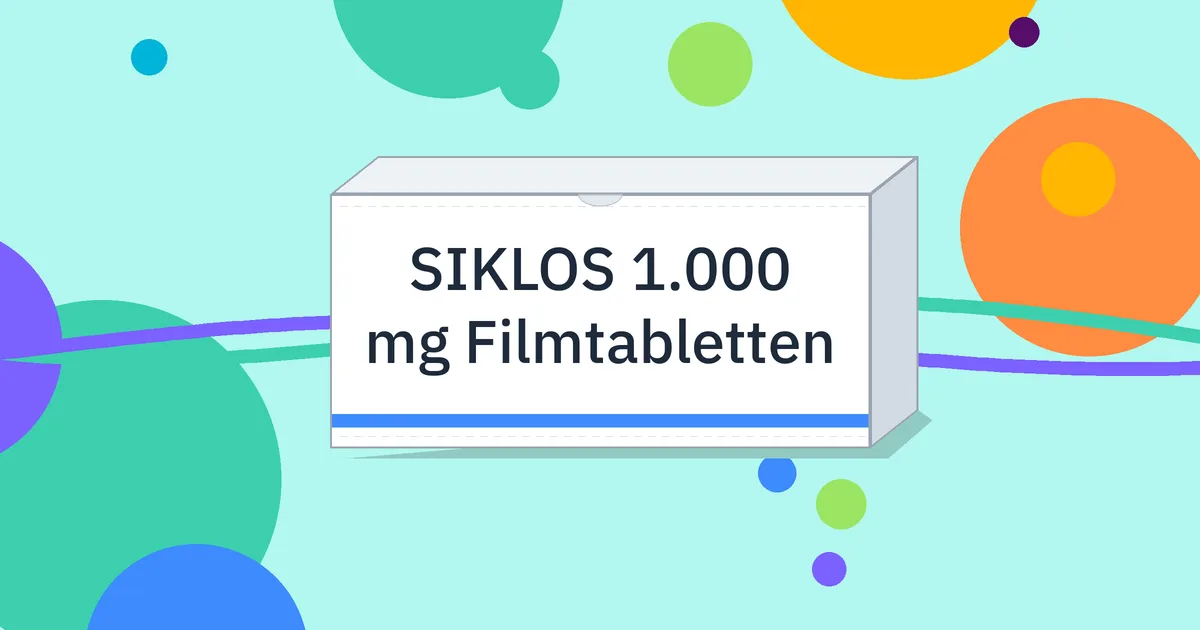 Symbolbild: Packung mit der Aufschrift SIKLOS 1.000 mg Filmtabletten (PZN 15266407) – Verfügbarkeit und Bezug in Apotheken in Frankfurt am Main