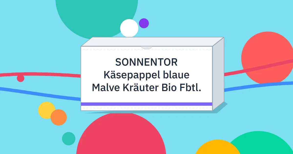 Symbolbild: Packung mit der Aufschrift SONNENTOR Käsepappel blaue Malve Kräuter Bio Fbtl. (PZN 18903085) – Verfügbarkeit und Bezug in Apotheken in Frankfurt am Main