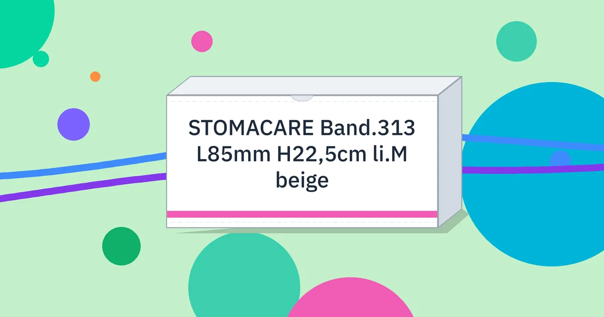 Symbolbild: Packung mit der Aufschrift STOMACARE Band.313 L85mm H22,5cm li.M beige (PZN 10840729) – Verfügbarkeit und Bezug in Apotheken in Frankfurt am Main