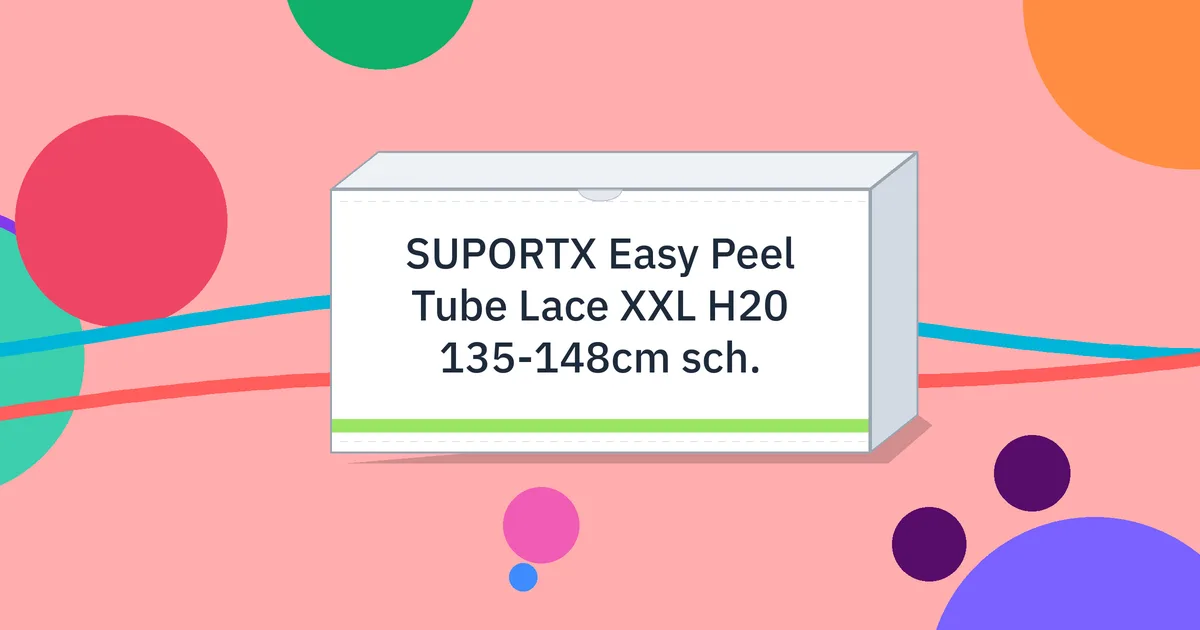 Symbolbild: Packung mit der Aufschrift SUPORTX Easy Peel Tube Lace XXL H20 135-148cm sch. (PZN 09487073) – Verfügbarkeit und Bezug in Apotheken in Frankfurt am Main