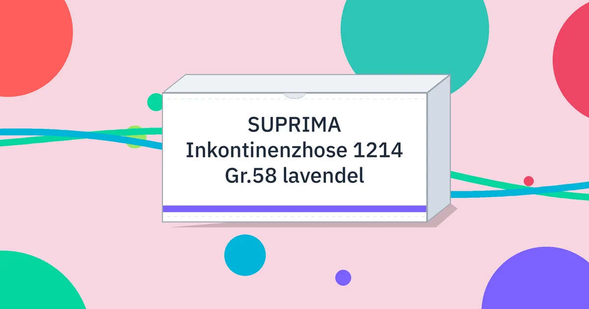 Symbolbild: Packung mit der Aufschrift SUPRIMA Inkontinenzhose 1214 Gr.58 lavendel (PZN 02852405) – Verfügbarkeit und Bezug in Apotheken in Frankfurt am Main