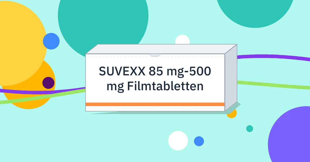 Symbolbild: Packung mit der Aufschrift SUVEXX 85 mg-500 mg Filmtabletten (PZN 20282816) – Verfügbarkeit und Bezug in Apotheken in Frankfurt am Main