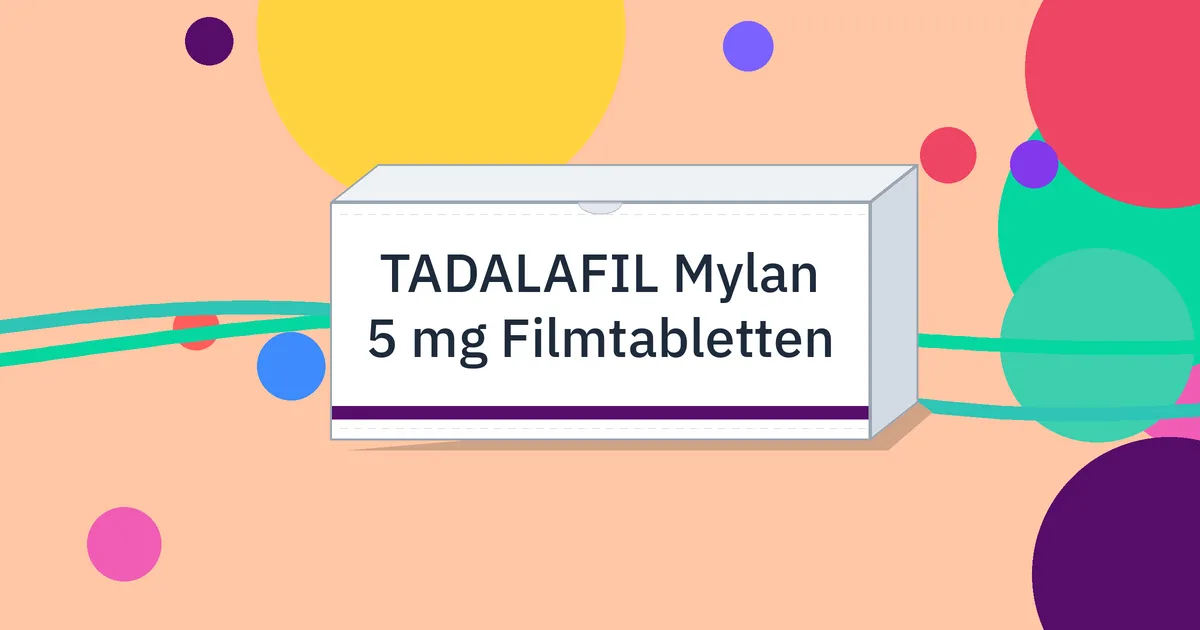 Symbolbild: Packung mit der Aufschrift TADALAFIL Mylan 5 mg Filmtabletten (PZN 12869080) – Verfügbarkeit und Bezug in Apotheken in Frankfurt am Main