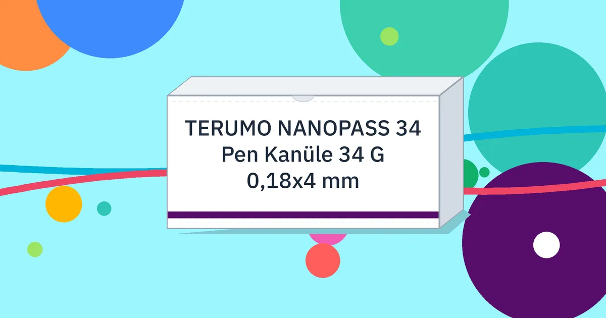 Symbolbild: Packung mit der Aufschrift TERUMO NANOPASS 34 Pen Kanüle 34 G 0,18x4 mm (PZN 13847198) – Verfügbarkeit und Bezug in Apotheken in Frankfurt am Main