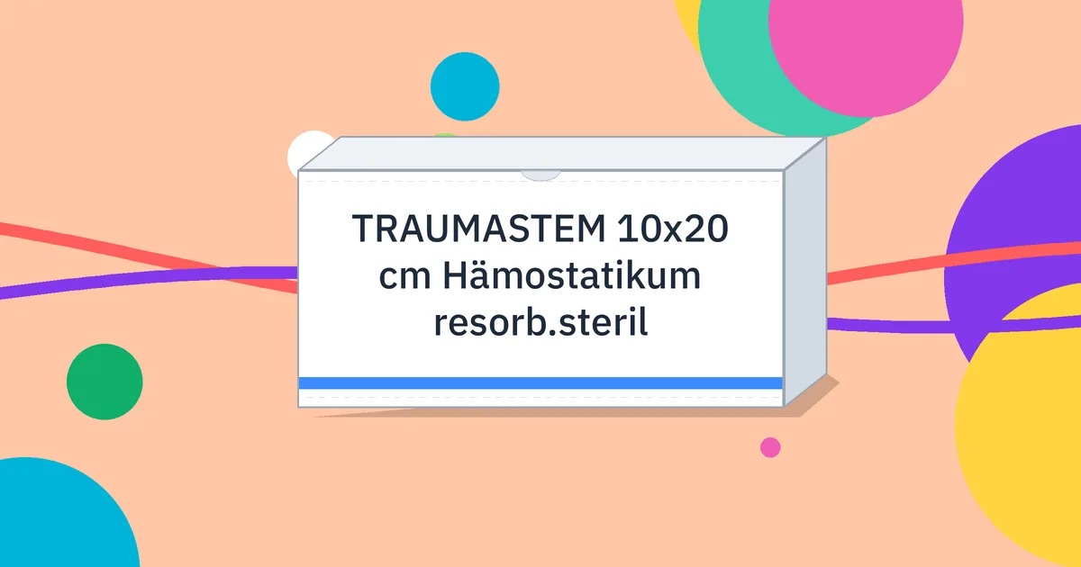 Symbolbild: Packung mit der Aufschrift TRAUMASTEM 10x20 cm Hämostatikum resorb.steril (PZN 20387863) – Verfügbarkeit und Bezug in Apotheken in Frankfurt am Main