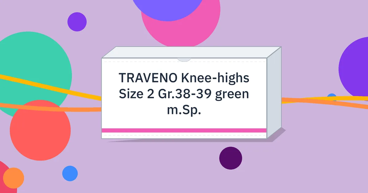 Symbolbild: Packung mit der Aufschrift TRAVENO Knee-highs Size 2 Gr.38-39 green m.Sp. (PZN 20651840) – Verfügbarkeit und Bezug in Apotheken in Frankfurt am Main