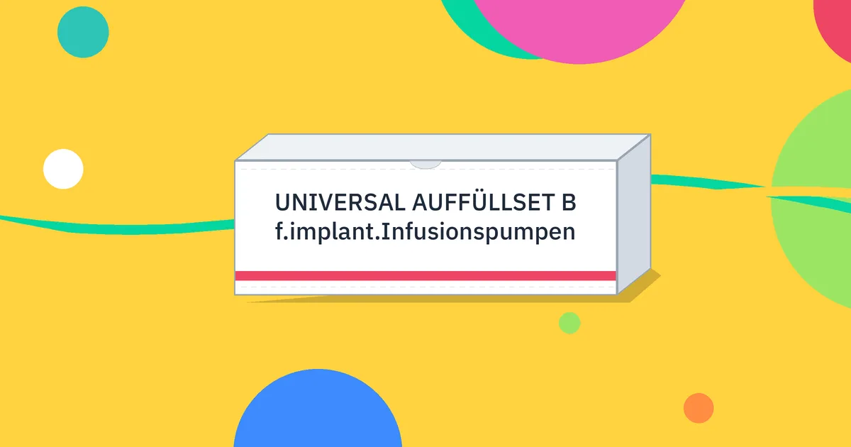 Symbolbild: Packung mit der Aufschrift UNIVERSAL AUFFÜLLSET B f.implant.Infusionspumpen (PZN 13863458) – Verfügbarkeit und Bezug in Apotheken in Frankfurt am Main