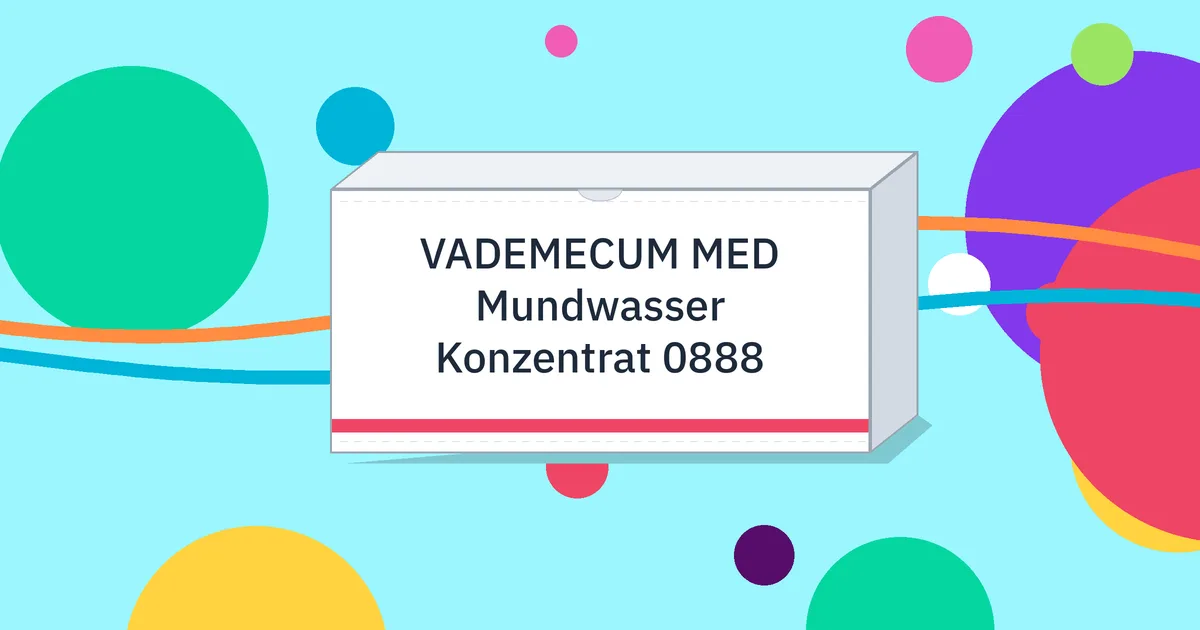 Symbolbild: Packung mit der Aufschrift VADEMECUM MED Mundwasser Konzentrat 0888 (PZN 03022663) – Verfügbarkeit und Bezug in Apotheken in Frankfurt am Main