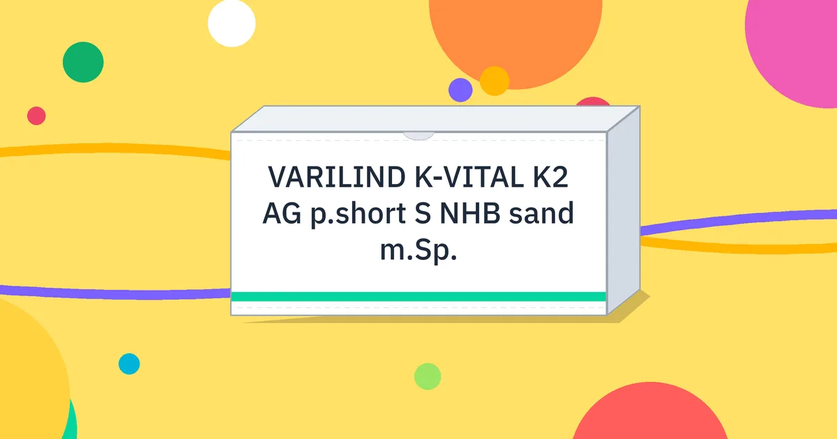 Symbolbild: Packung mit der Aufschrift VARILIND K-VITAL K2 AG p.short S NHB sand m.Sp. (PZN 20564294) – Verfügbarkeit und Bezug in Apotheken in Frankfurt am Main