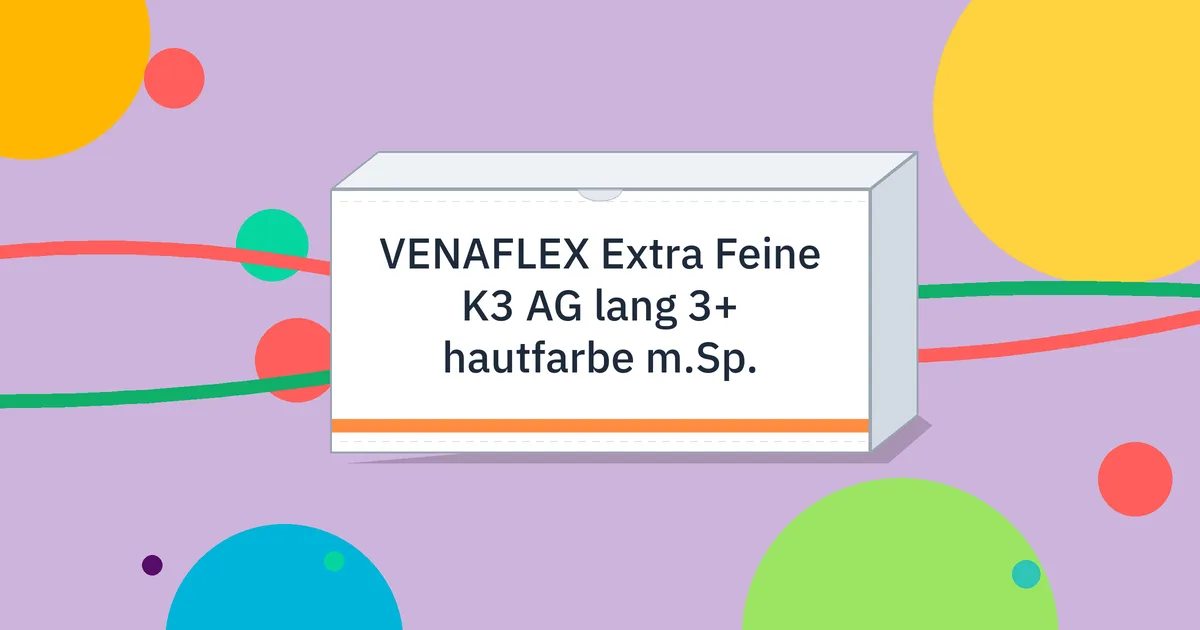Symbolbild: Packung mit der Aufschrift VENAFLEX Extra Feine K3 AG lang 3+ hautfarbe m.Sp. (PZN 18307851) – Verfügbarkeit und Bezug in Apotheken in Frankfurt am Main