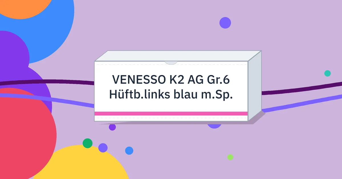 Symbolbild: Packung mit der Aufschrift VENESSO K2 AG Gr.6 Hüftb.links blau m.Sp. (PZN 03267979) – Verfügbarkeit und Bezug in Apotheken in Frankfurt am Main