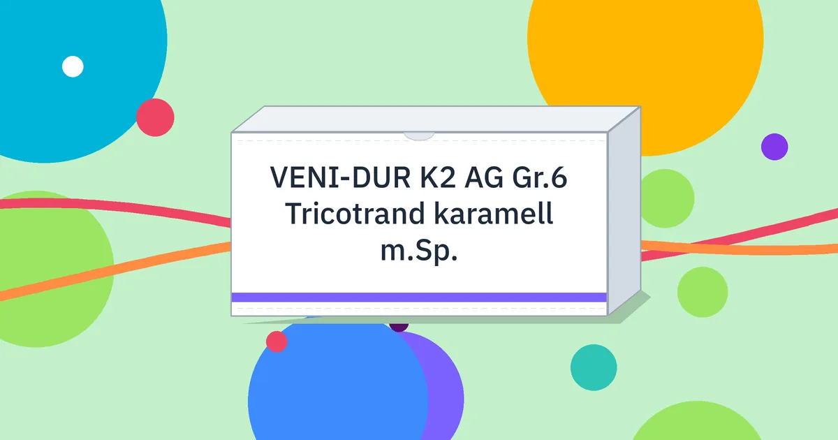 Symbolbild: Packung mit der Aufschrift VENI-DUR K2 AG Gr.6 Tricotrand karamell m.Sp. (PZN 13762415) – Verfügbarkeit und Bezug in Apotheken in Frankfurt am Main