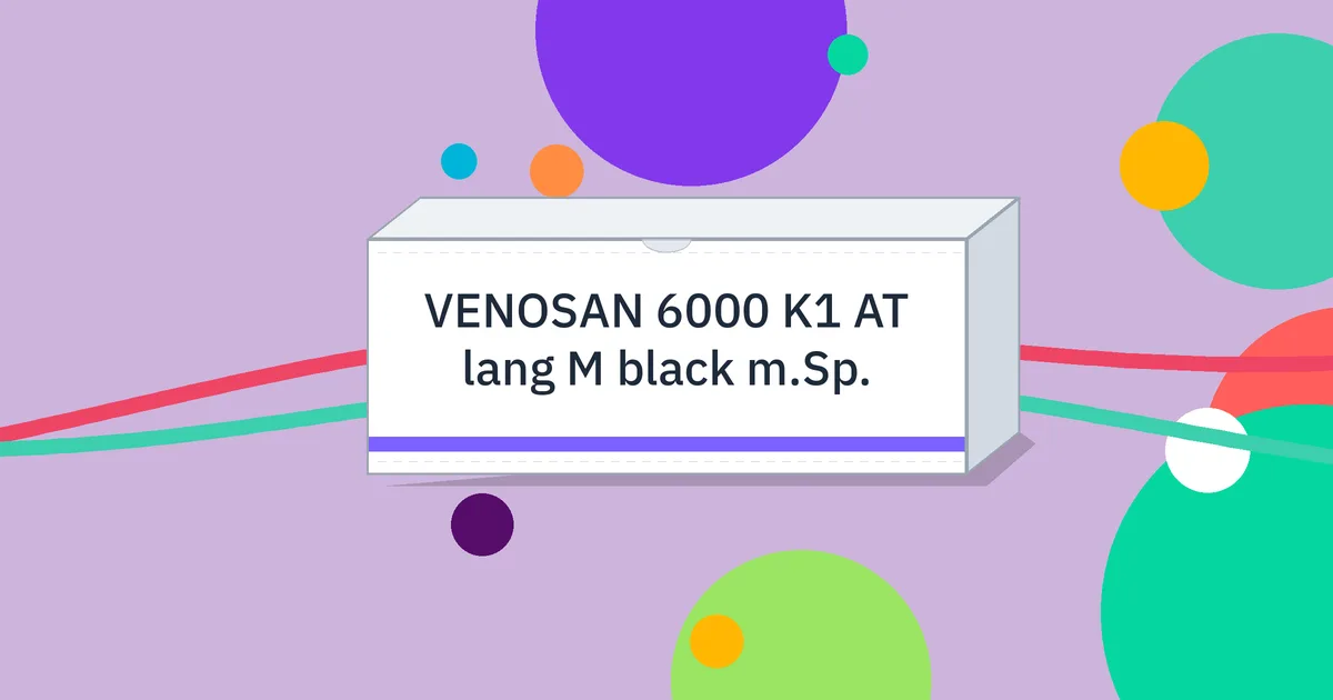 Symbolbild: Packung mit der Aufschrift VENOSAN 6000 K1 AT lang M black m.Sp. (PZN 17172024) – Verfügbarkeit und Bezug in Apotheken in Frankfurt am Main