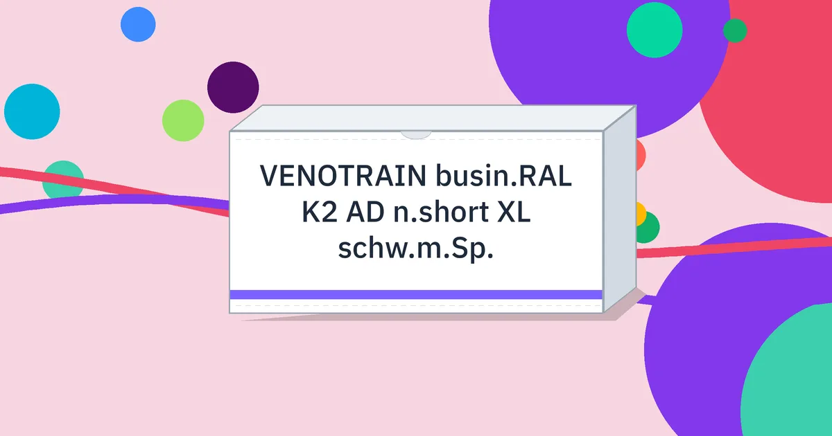 Symbolbild: Packung mit der Aufschrift VENOTRAIN busin.RAL K2 AD n.short XL schw.m.Sp. (PZN 06949538) – Verfügbarkeit und Bezug in Apotheken in Frankfurt am Main