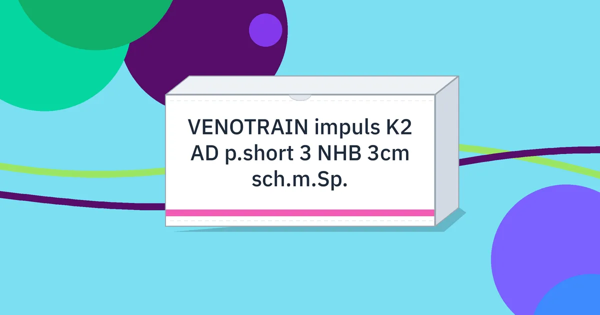 Symbolbild: Packung mit der Aufschrift VENOTRAIN impuls K2 AD p.short 3 NHB 3cm sch.m.Sp. (PZN 00651594) – Verfügbarkeit und Bezug in Apotheken in Frankfurt am Main