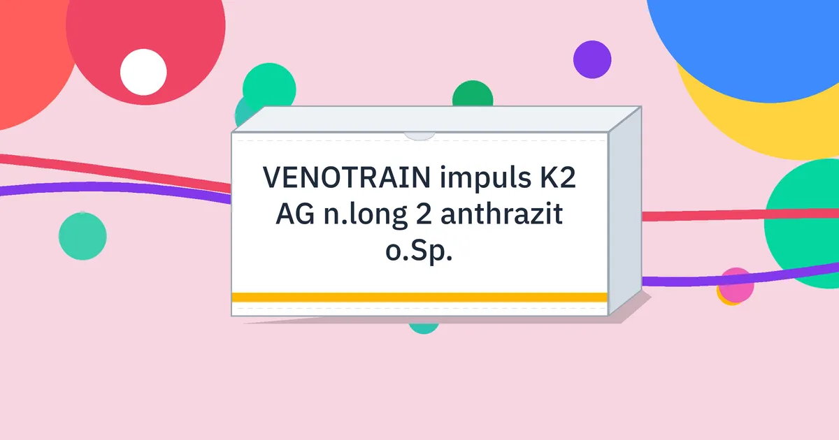 Symbolbild: Packung mit der Aufschrift VENOTRAIN impuls K2 AG n.long 2 anthrazit o.Sp. (PZN 15212618) – Verfügbarkeit und Bezug in Apotheken in Frankfurt am Main