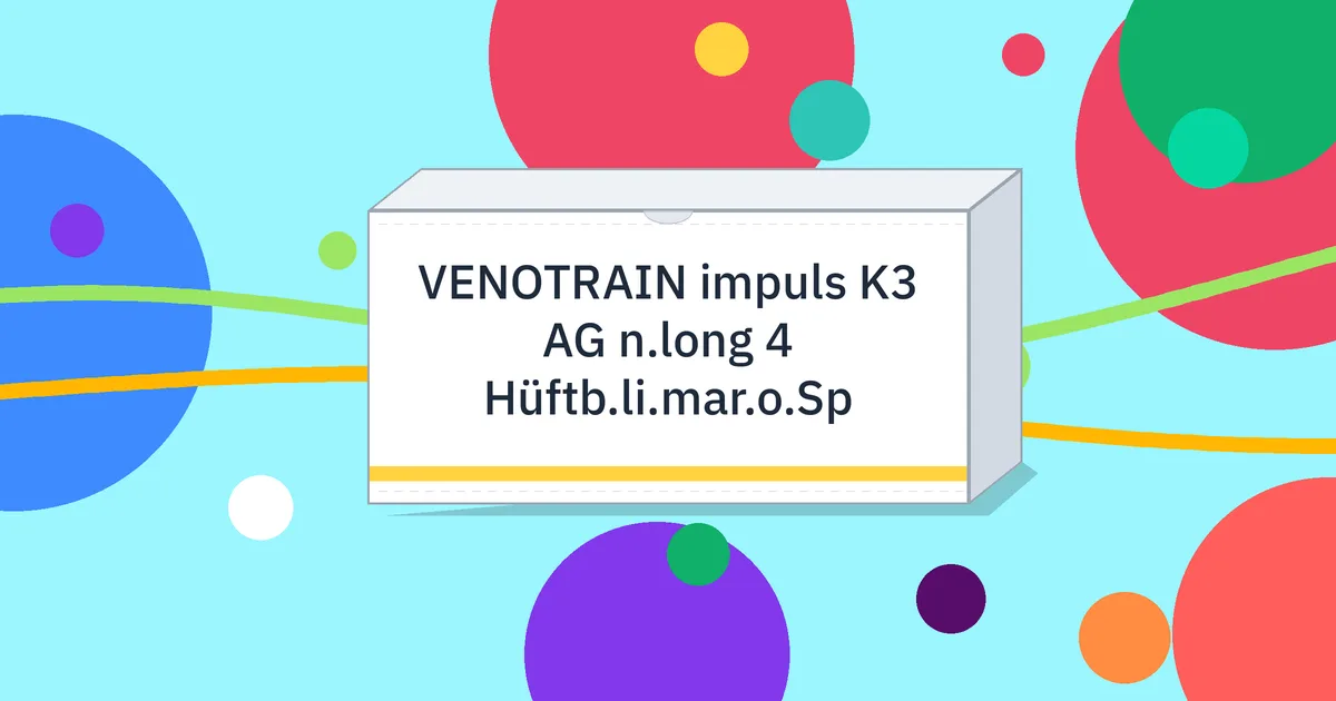 Symbolbild: Packung mit der Aufschrift VENOTRAIN impuls K3 AG n.long 4 Hüftb.li.mar.o.Sp (PZN 15220316) – Verfügbarkeit und Bezug in Apotheken in Frankfurt am Main