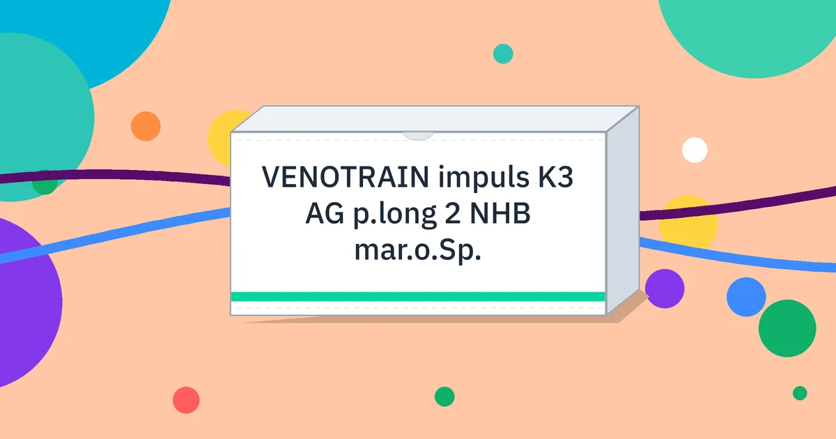Symbolbild: Packung mit der Aufschrift VENOTRAIN impuls K3 AG p.long 2 NHB mar.o.Sp. (PZN 15215746) – Verfügbarkeit und Bezug in Apotheken in Frankfurt am Main