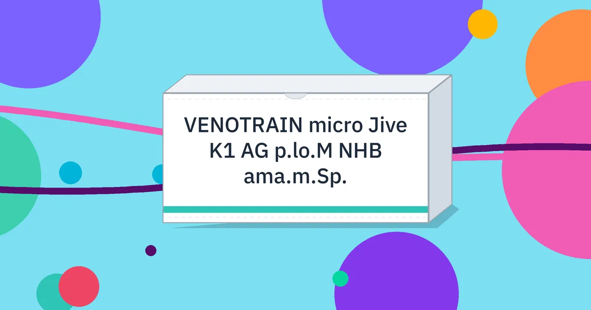 Symbolbild: Packung mit der Aufschrift VENOTRAIN micro Jive K1 AG p.lo.M NHB ama.m.Sp. (PZN 17765066) – Verfügbarkeit und Bezug in Apotheken in Frankfurt am Main