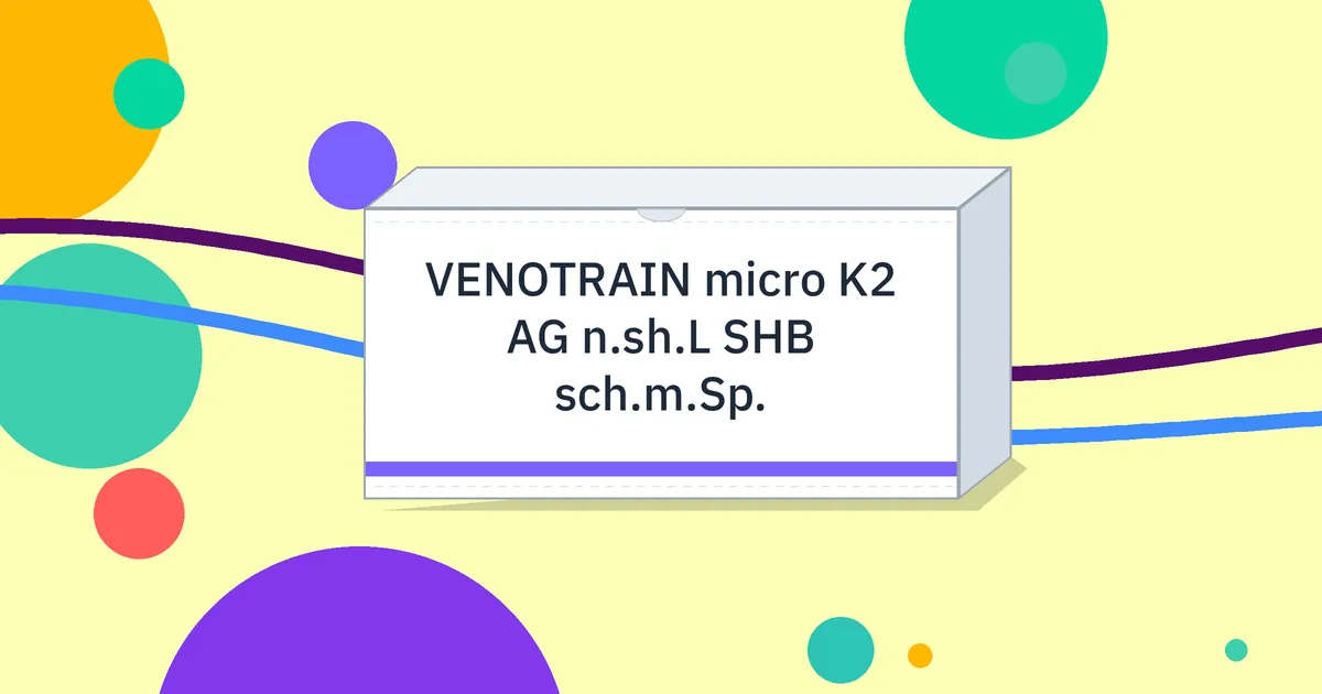 Symbolbild: Packung mit der Aufschrift VENOTRAIN micro K2 AG n.sh.L SHB sch.m.Sp. (PZN 00416315) – Verfügbarkeit und Bezug in Apotheken in Frankfurt am Main