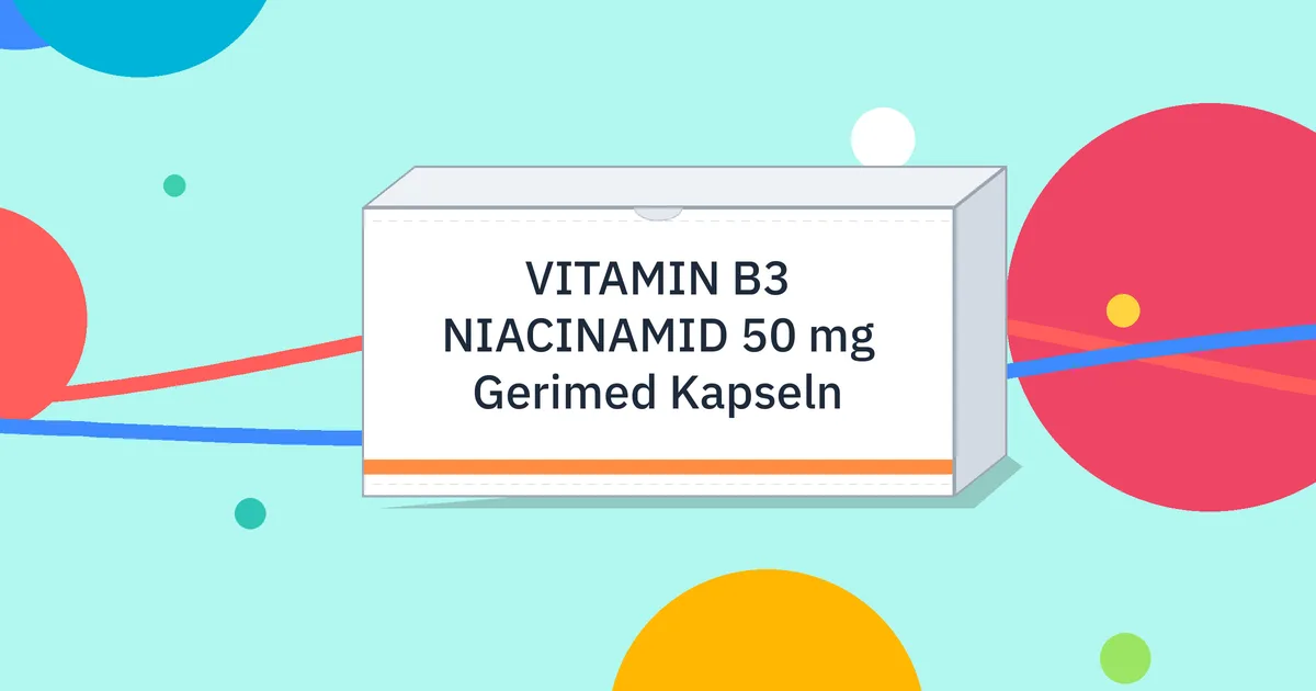 Symbolbild: Packung mit der Aufschrift VITAMIN B3 NIACINAMID 50 mg Gerimed Kapseln (PZN 04698569) – Verfügbarkeit und Bezug in Apotheken in Frankfurt am Main