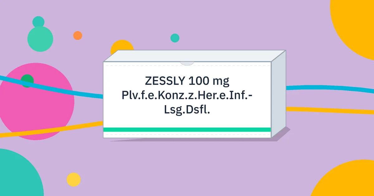 Symbolbild: Packung mit der Aufschrift ZESSLY 100 mg Plv.f.e.Konz.z.Her.e.Inf.-Lsg.Dsfl. (PZN 14184647) – Verfügbarkeit und Bezug in Apotheken in Frankfurt am Main