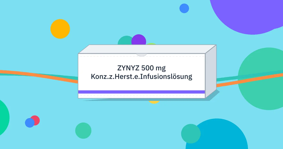Symbolbild: Packung mit der Aufschrift ZYNYZ 500 mg Konz.z.Herst.e.Infusionslösung (PZN 19769329) – Verfügbarkeit und Bezug in Apotheken in Frankfurt am Main