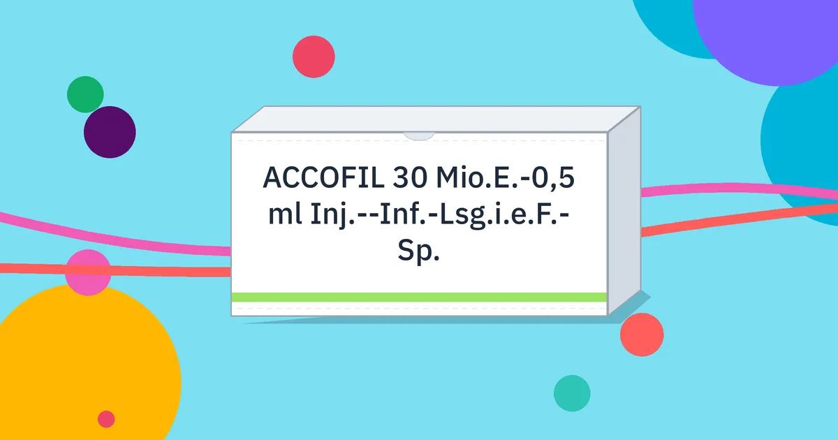 Symbolbild: Packung mit der Aufschrift ACCOFIL 30 Mio.E.-0,5 ml Inj.--Inf.-Lsg.i.e.F.-Sp. (PZN 15200124) – Verfügbarkeit und Bezug in Apotheken in Frankfurt am Main