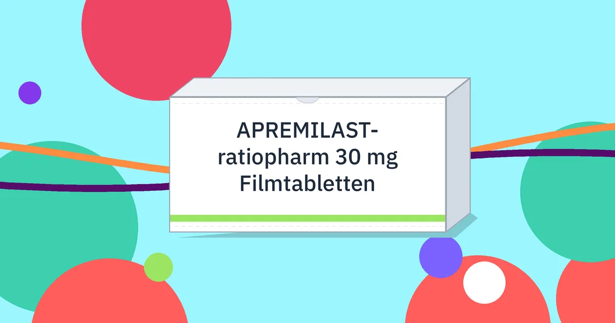 Symbolbild: Packung mit der Aufschrift APREMILAST-ratiopharm 30 mg Filmtabletten (PZN 19059289) – Verfügbarkeit und Bezug in Apotheken in Frankfurt am Main