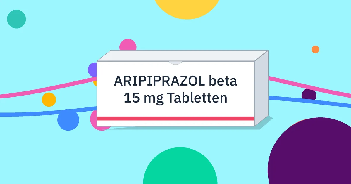 Symbolbild: Packung mit der Aufschrift ARIPIPRAZOL beta 15 mg Tabletten (PZN 10784445) – Verfügbarkeit und Bezug in Apotheken in Frankfurt am Main