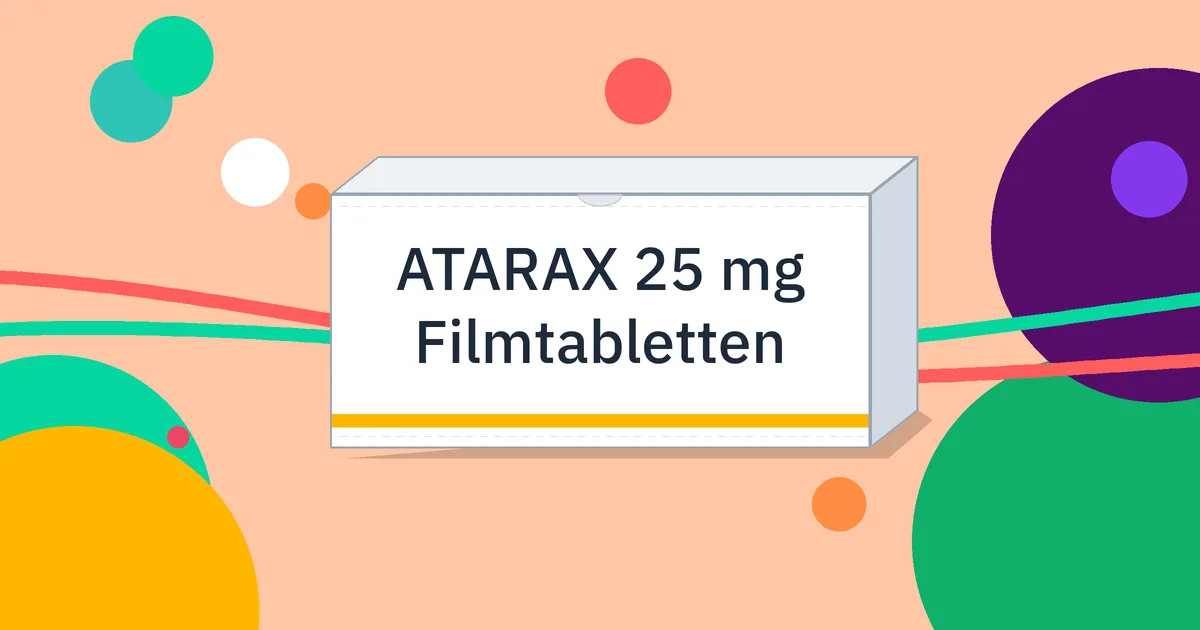 Symbolbild: Packung mit der Aufschrift ATARAX 25 mg Filmtabletten (PZN 00260385) – Verfügbarkeit und Bezug in Apotheken in Frankfurt am Main